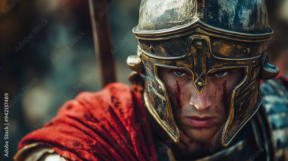 Rzymski żołnierz w pełnym uzbrojeniu, z bogato zdobionym hełmem ...