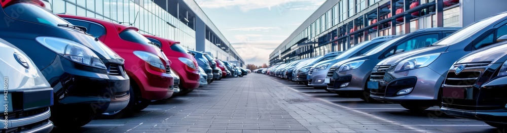 The modern parking lot displays a symmetrical layout with parked cars ...