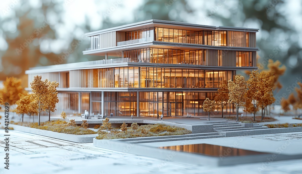 A detailed model of a hospital building, with blueprints and ...