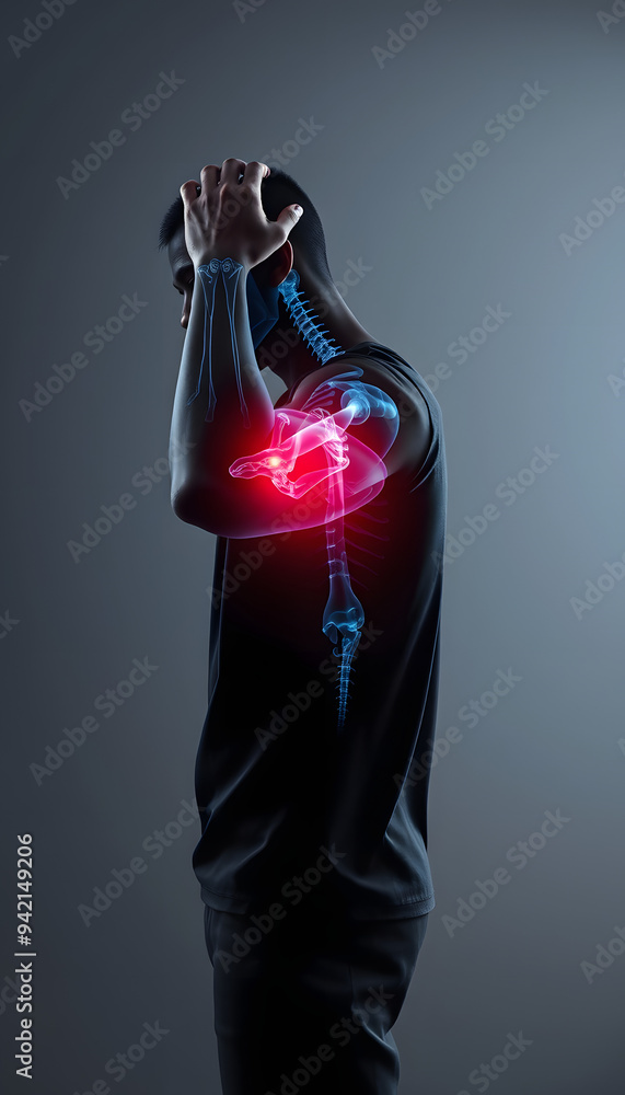 Man, elbow and injury of fitness in studio, anatomy of arm and xray for ...