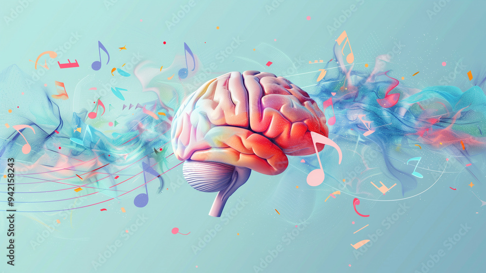 Human brain with vibrant melody wave and music notes, self care and ...