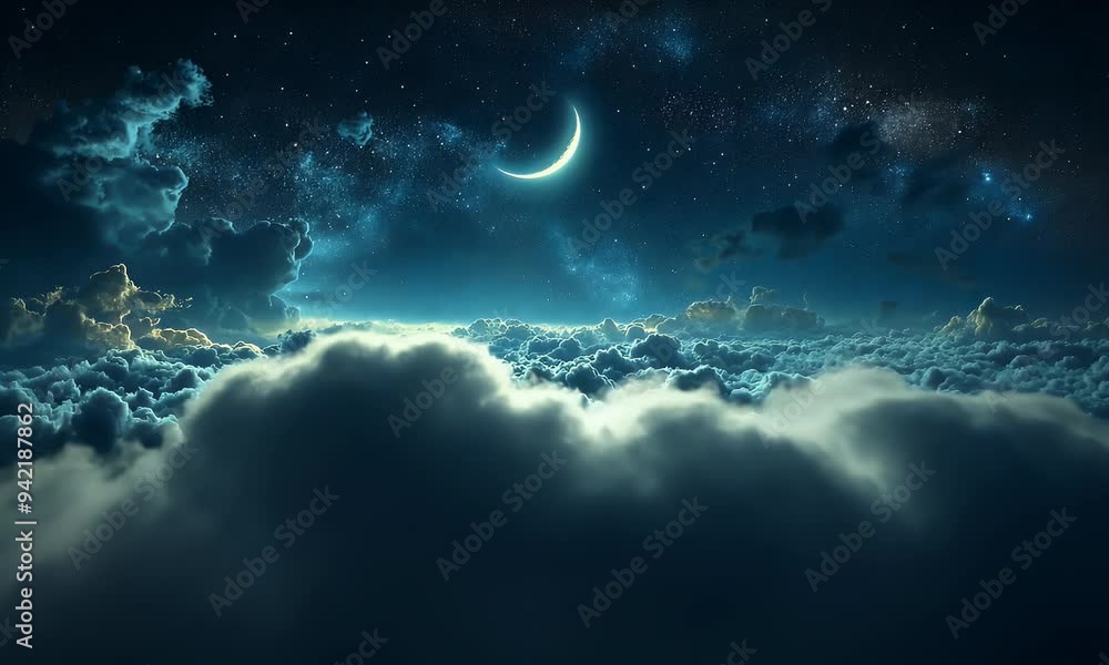 Beautiful Moon in the Skies. Flying Over the Infinite Clouds with the ...