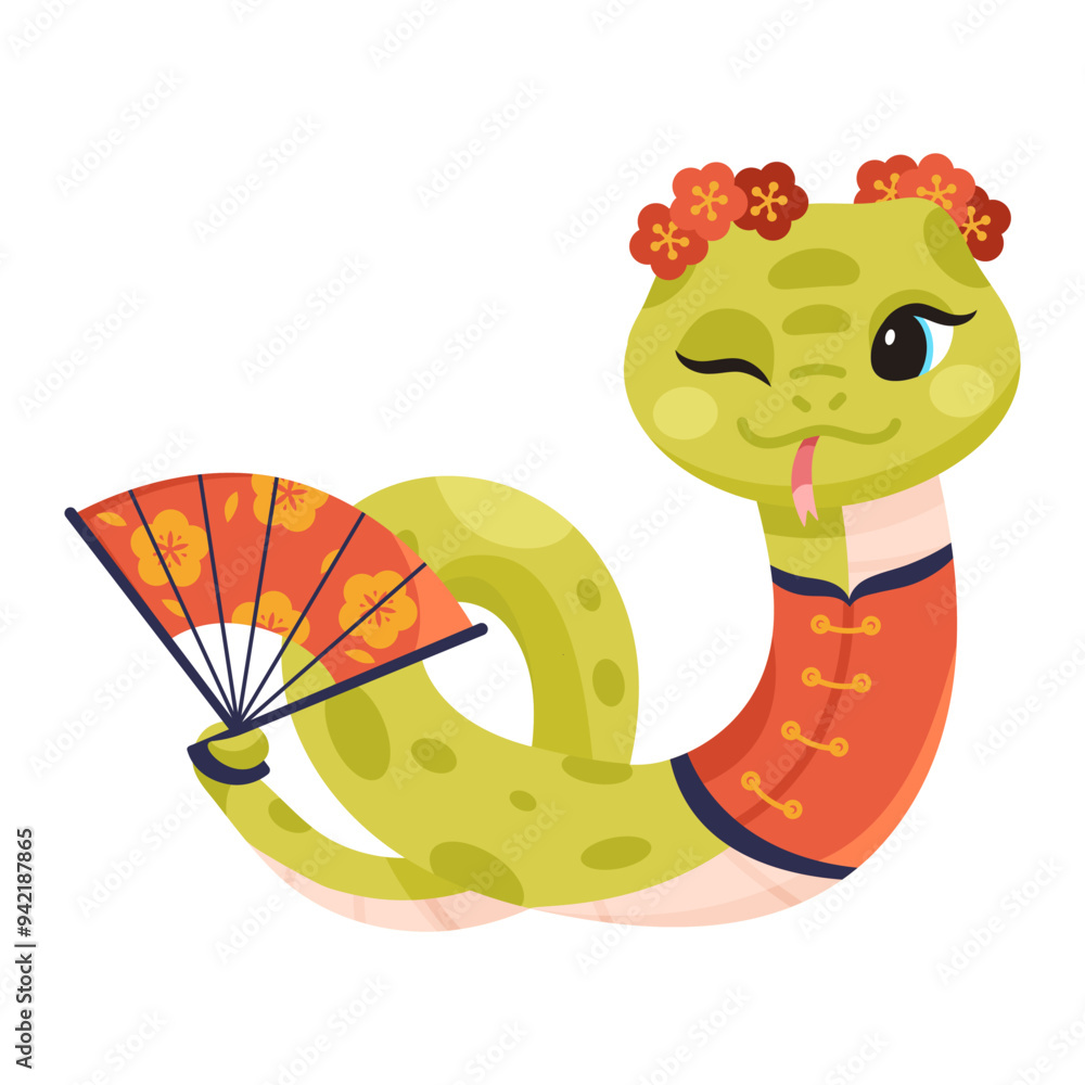 Csrtoon snake smiling and winking with a fan in tail. New Year snake ...