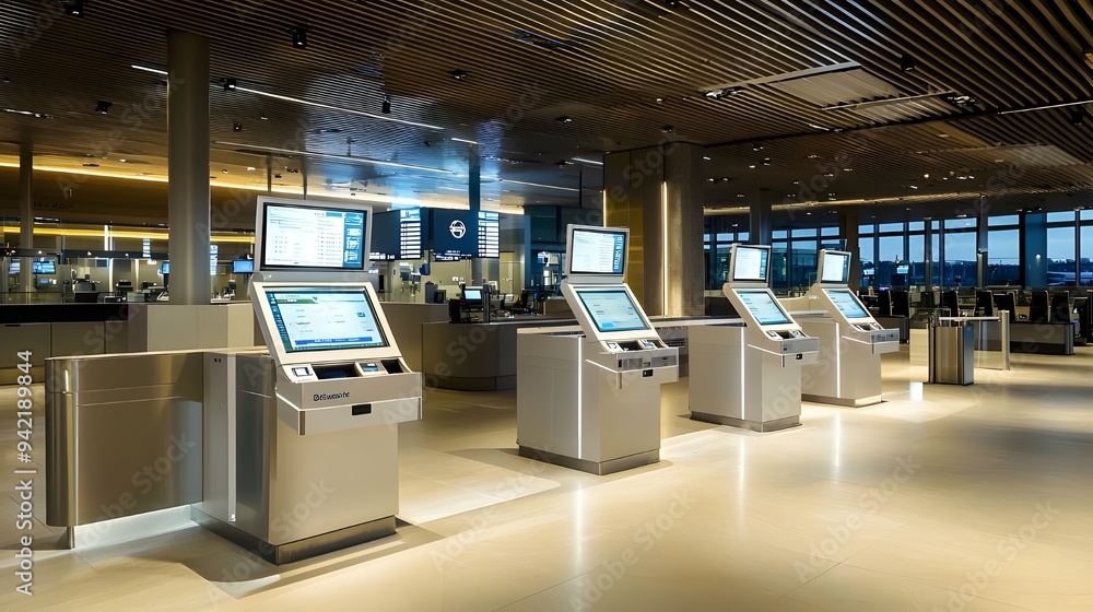 An airport check-in counter, with multiple kiosks and a clean, modern ...