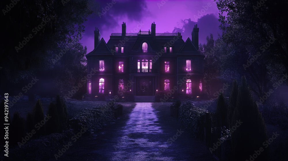 A large, dark mansion stands at the end of an illuminated path, framed ...
