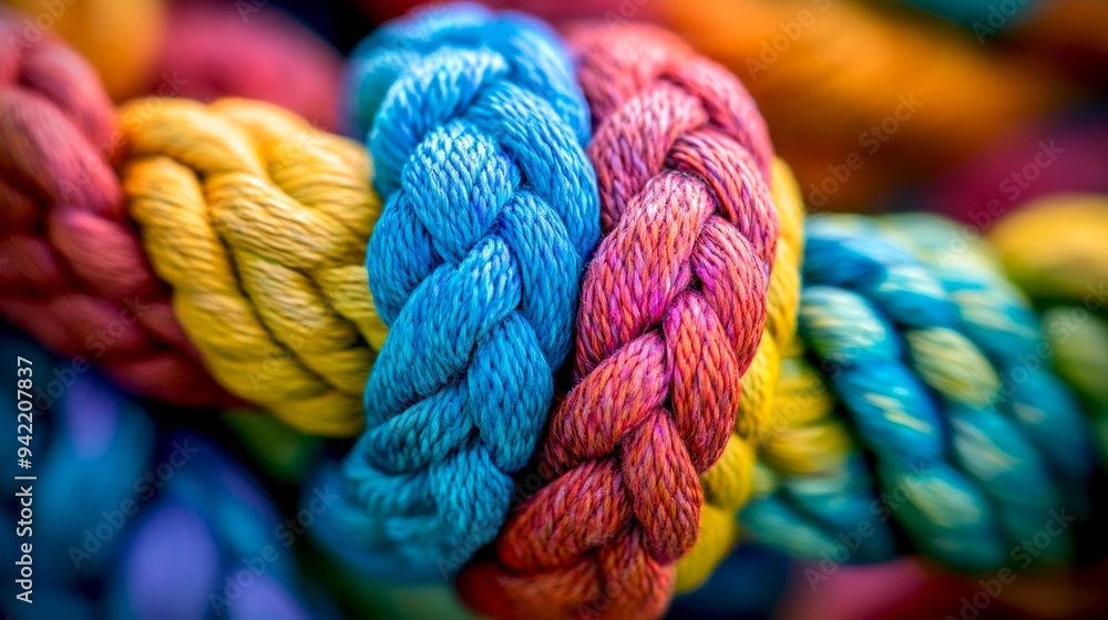 Colorful ropes intertwined in a vibrant display. The image captures the ...