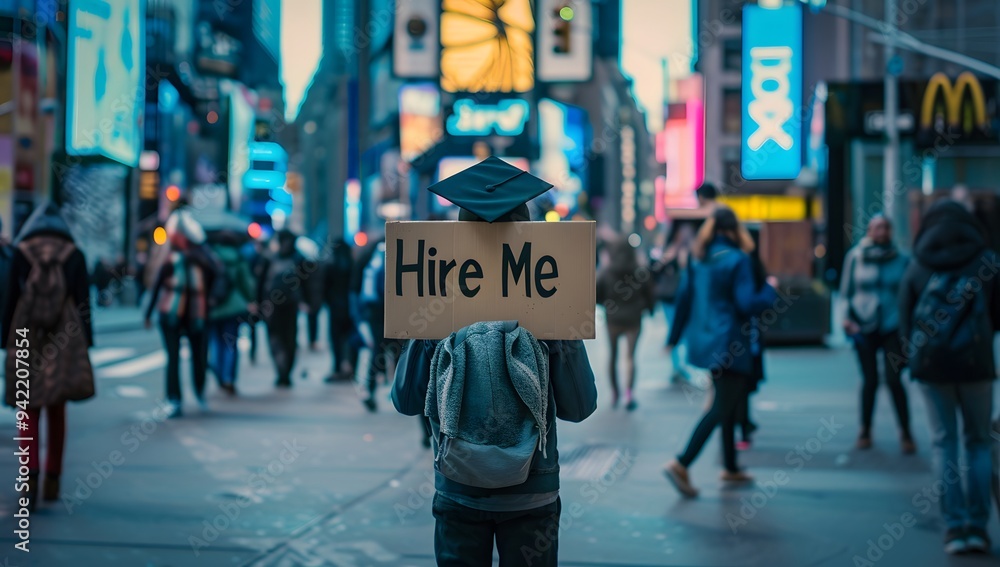 A graduate wearing a cap stands in a lively city street, holding a ...