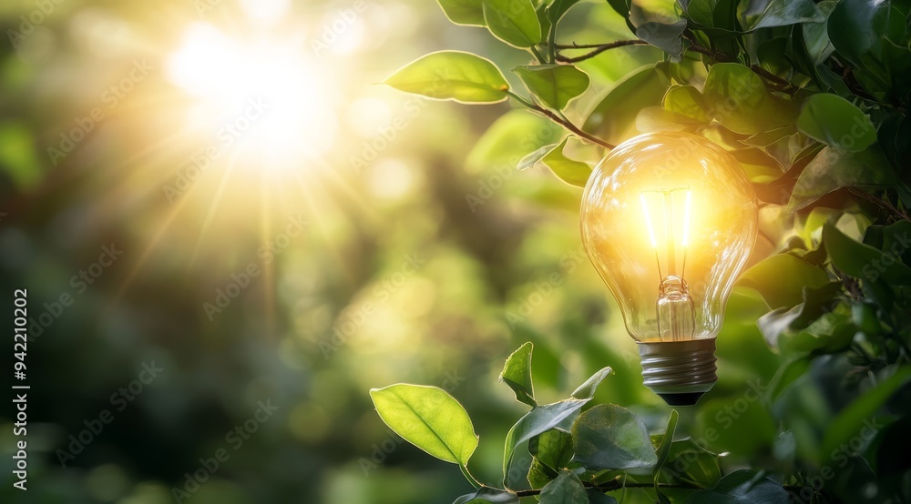 A light bulb in vibrant greenery symbolizes the transition to renewable ...