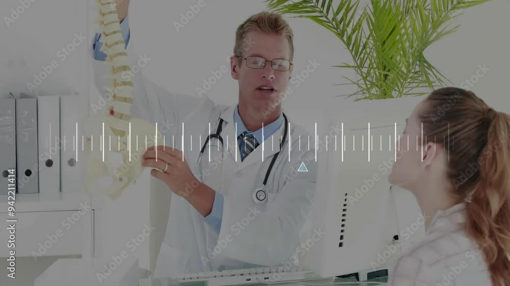 Doctor explaining spine model to patient, audio waveform animation over ...