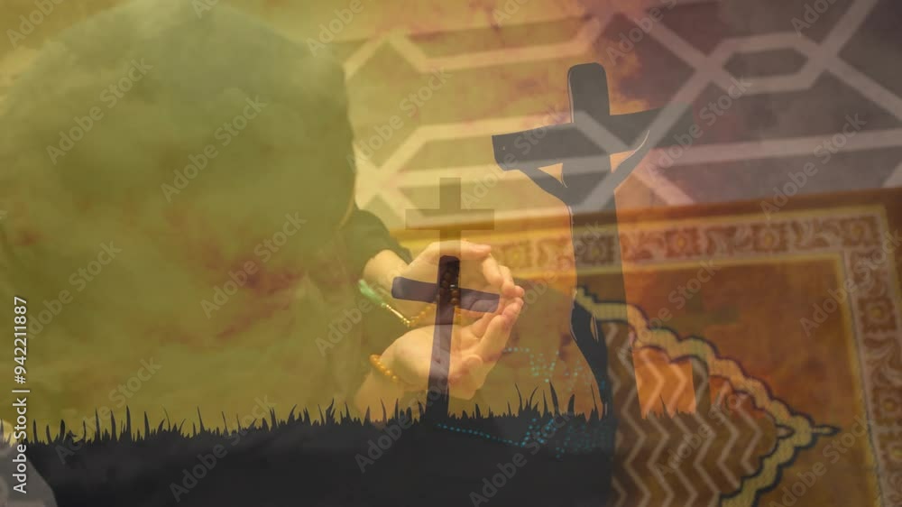 Praying hands and cross silhouettes over religious symbols animated ...