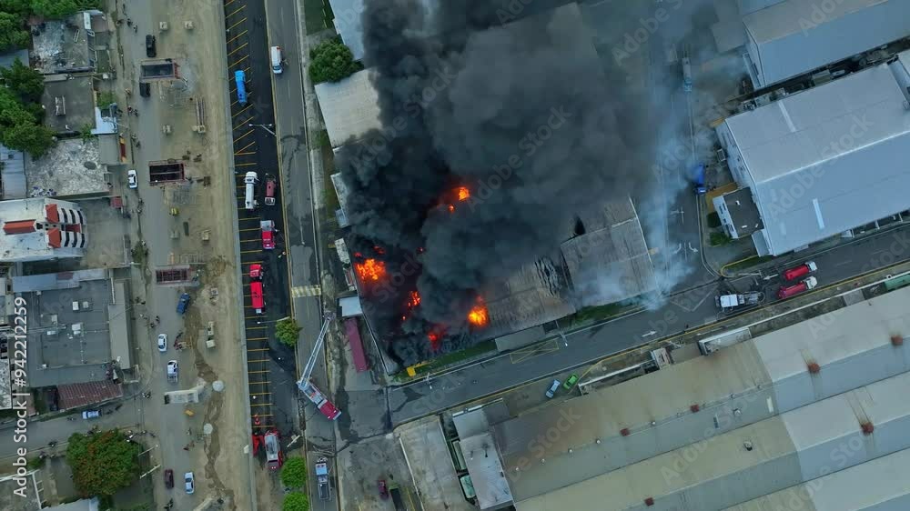 Black dark some of Burning building rising into sky. Fire in warehouse ...