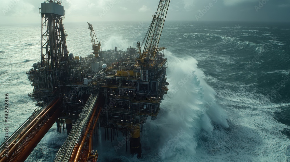 Dramatic offshore oil rig in the ocean surrounded by turbulent waves ...