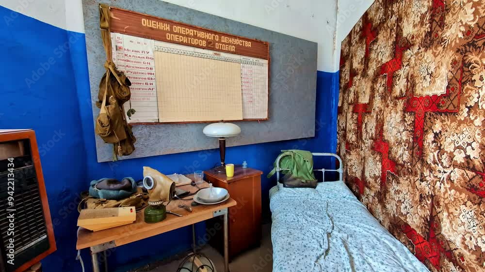 An abandoned Soviet-era room featuring a single bed, military gear, and ...
