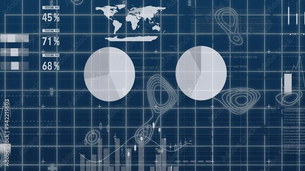 Animating data visualization and analytics over blue grid background with charts and graphs ...