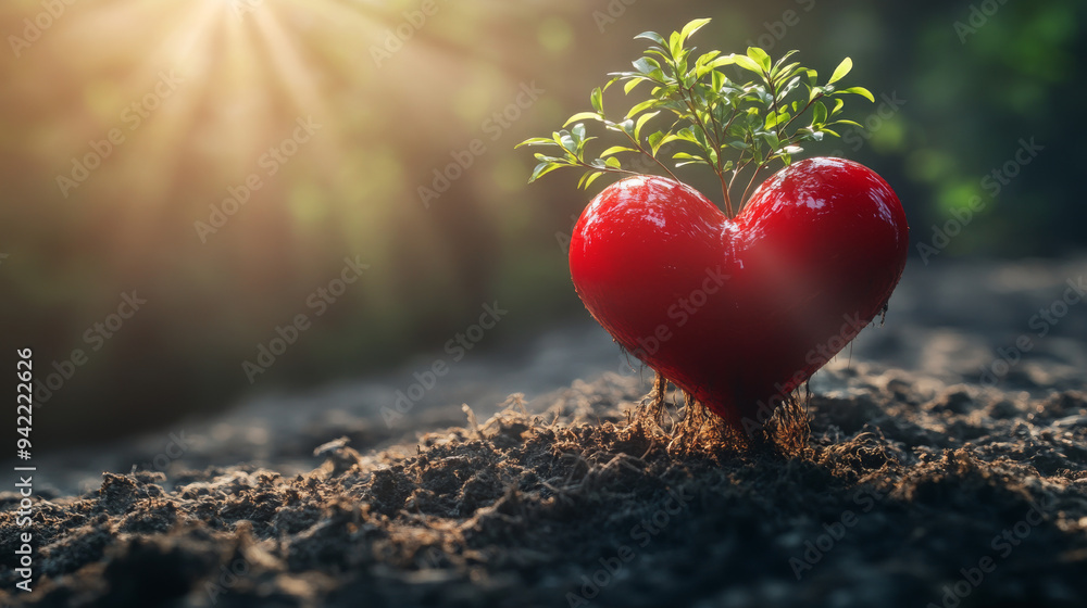 Red heart with trees growing under the light. World environment day ...