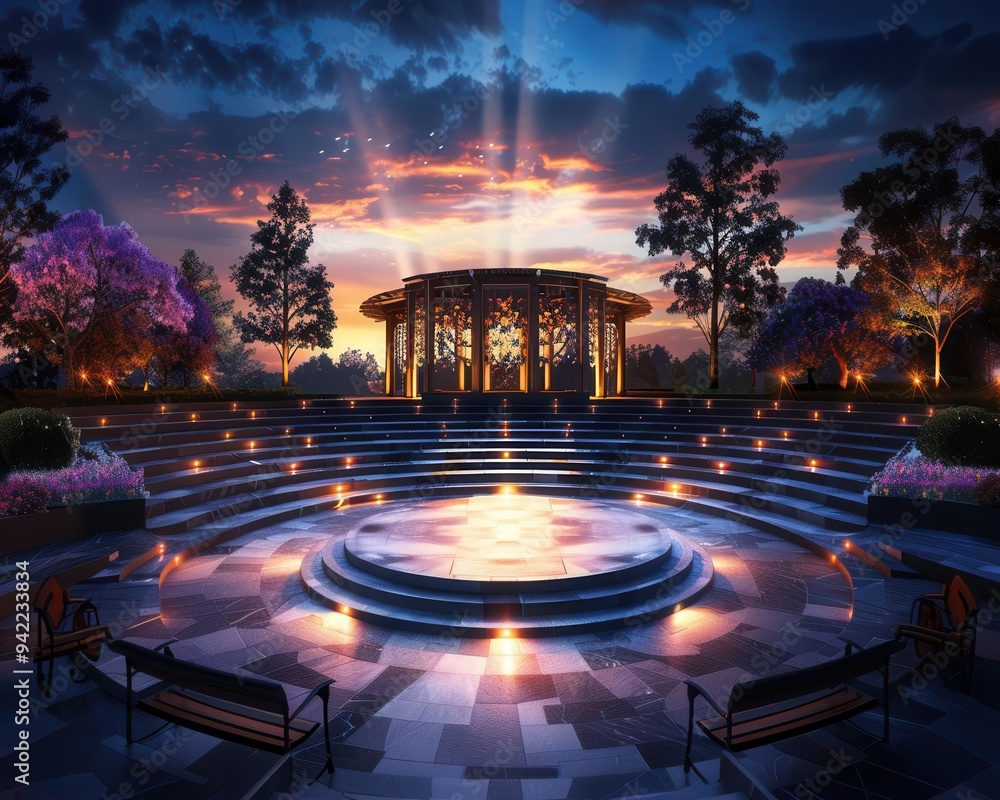 Outdoor amphitheater with tiered seating, Fantasy, Open, Watercolor ...