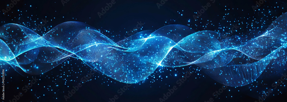 Abstract representation of a flowing blue digital waveform composed of ...