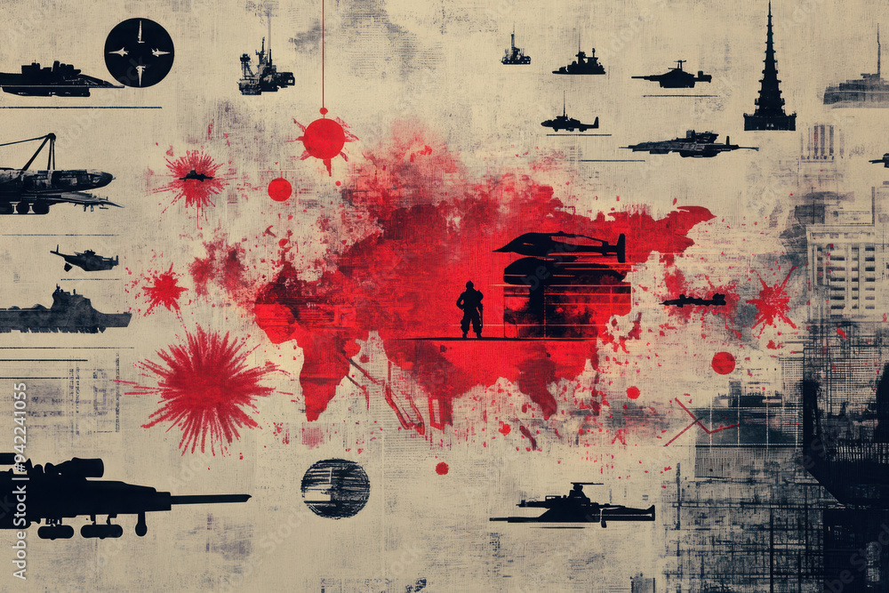 Abstract military world map with red splashes, silhouettes of warships ...