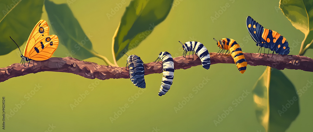 Butterfly development stages - caterpillar larva, pupa, imago. Life ...