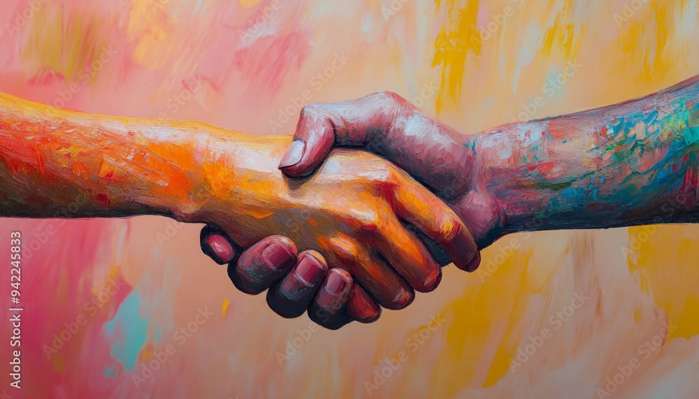 Oil painted hands shaking a symbol of inclusivity and harmony in ...