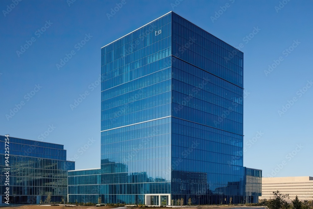 High-tech office tower enveloped in glass paneling with a peaceful blue ...