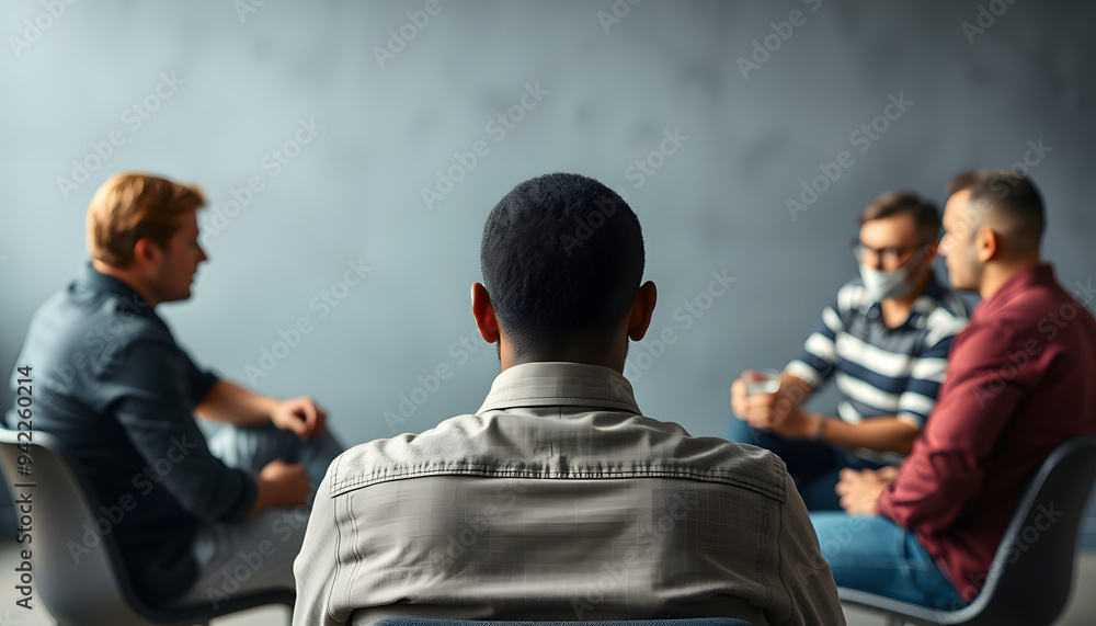 Back view to depressed black male drinker talking about alcohol ...