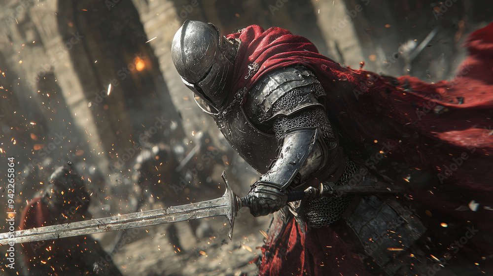 armored warrior with a red cloak swinging a sword in the midst of an intense and chaotic ...