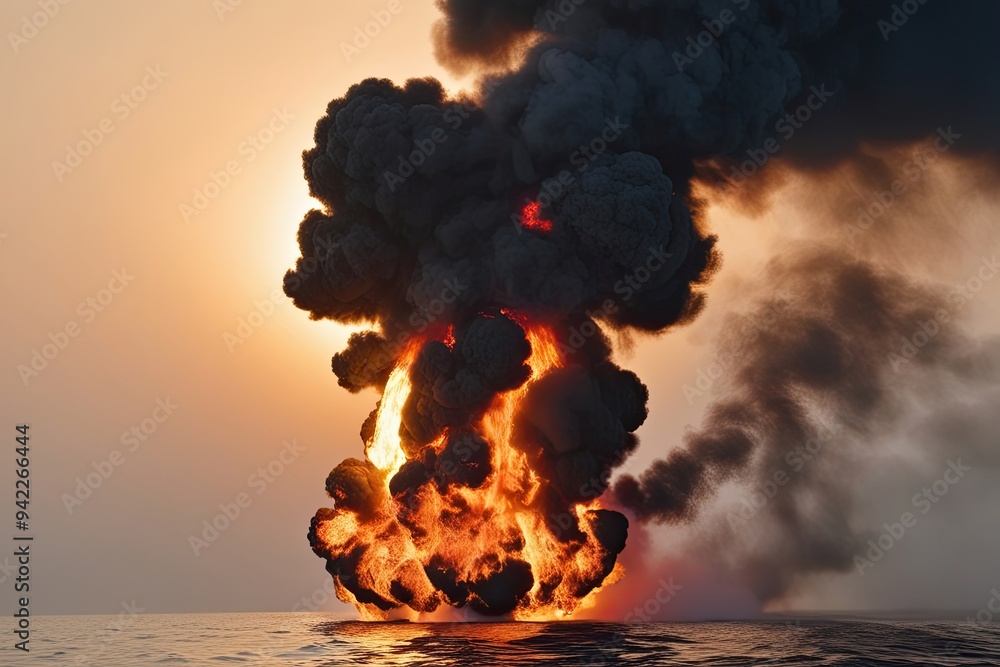 Colossal Fire Explosion Creating Black Smoke with Fiery Discharge and ...