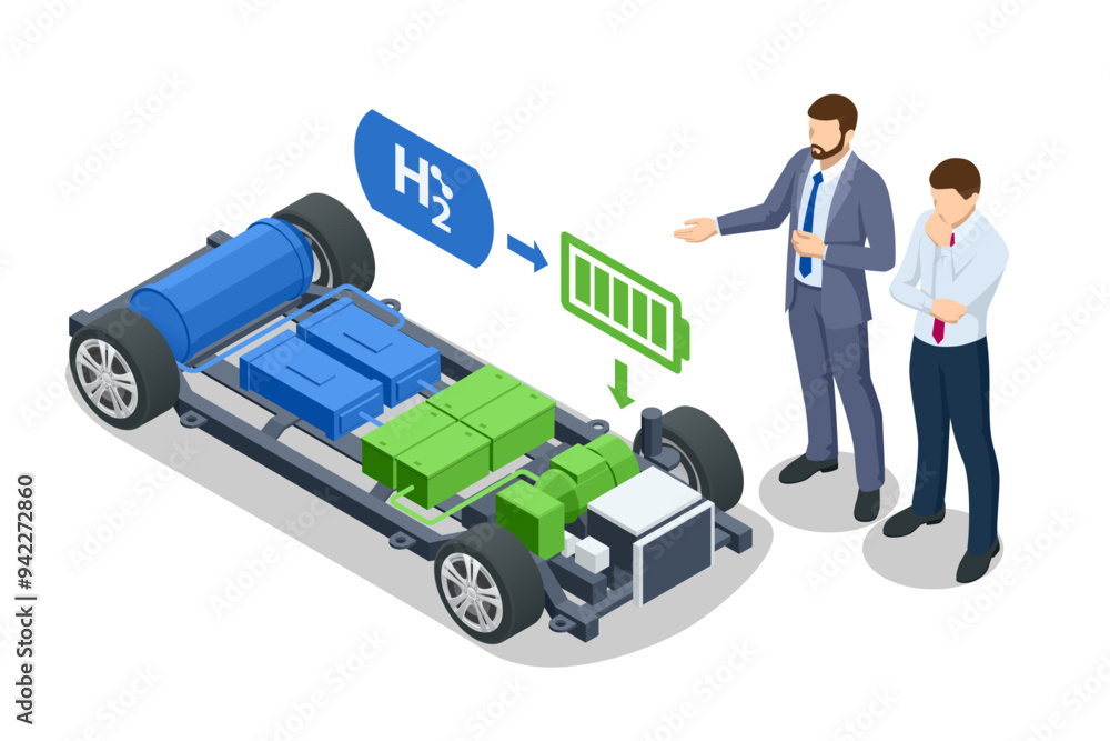 Isometric Hydrogen car schematic showing renewable H2 power source ...