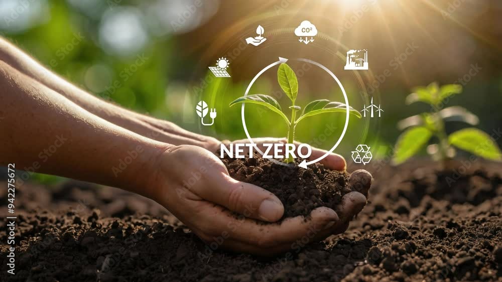 Hand of human holding green earth with green net zero icon. Net zero ...