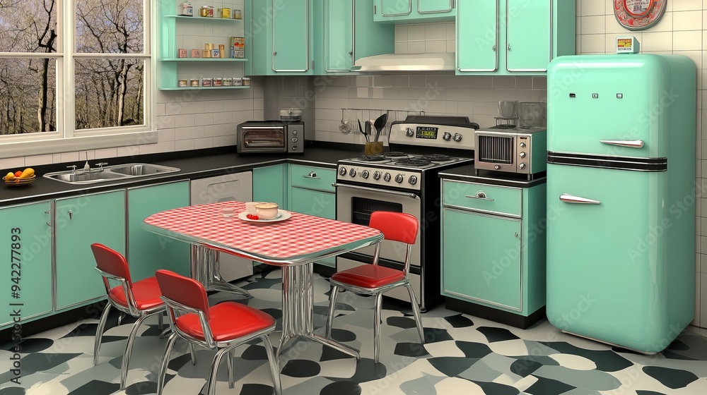 Retro kitchen from the 1950s complete with stove, refrigerator, chrome ...