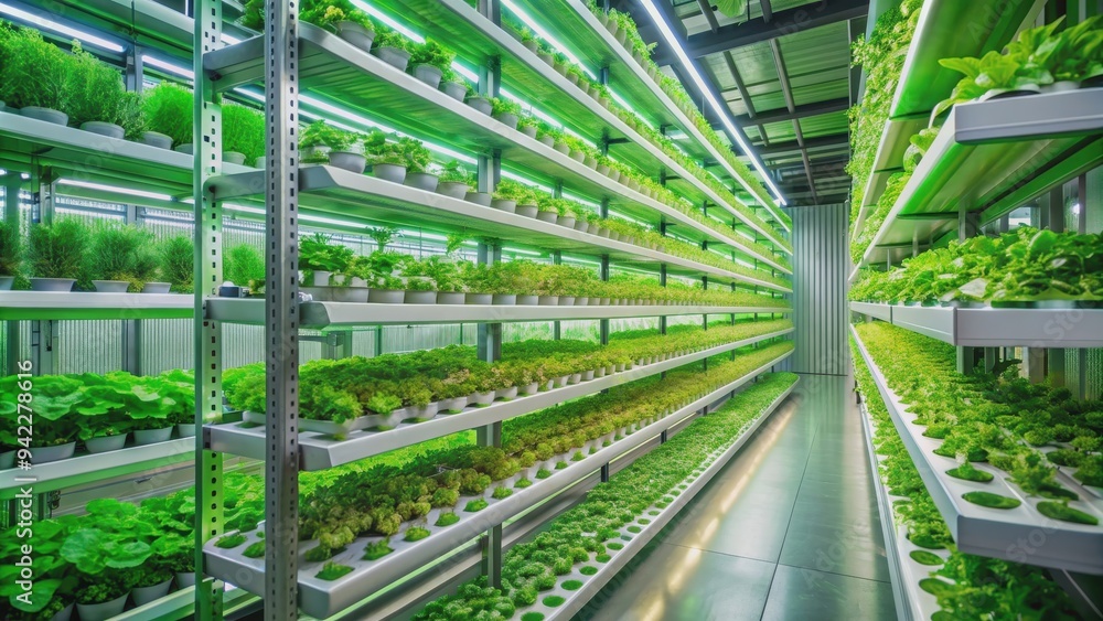 High-resolution vertical farming system with lush green lettuce under ...