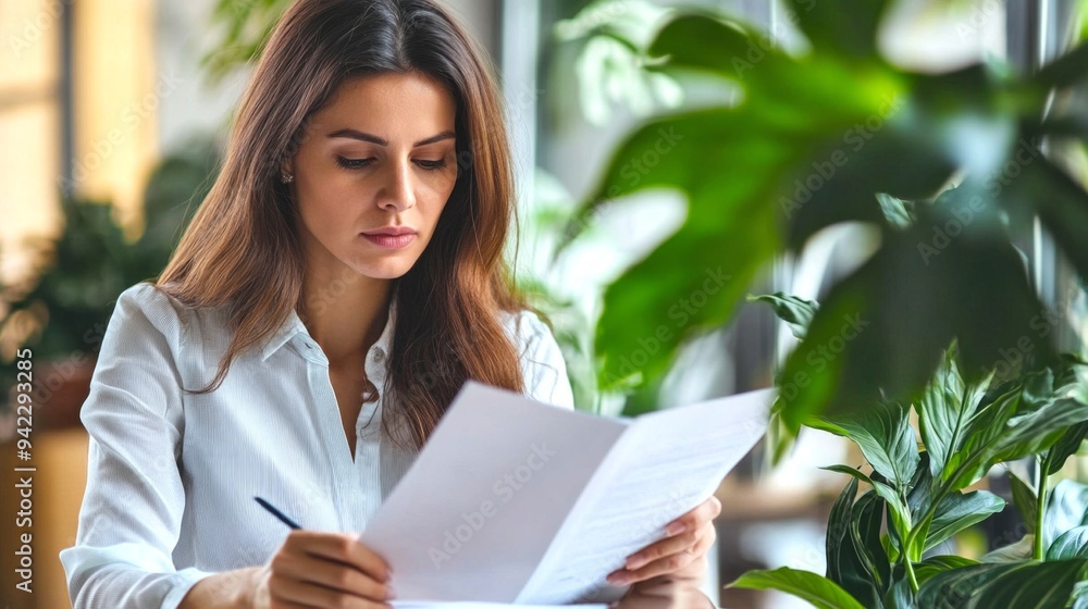 A woman reviewing important documents at a modern workspace. She looks ...
