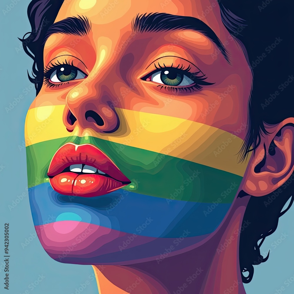 Vibrant portrait of woman with rainbow pride flag colors painted across ...