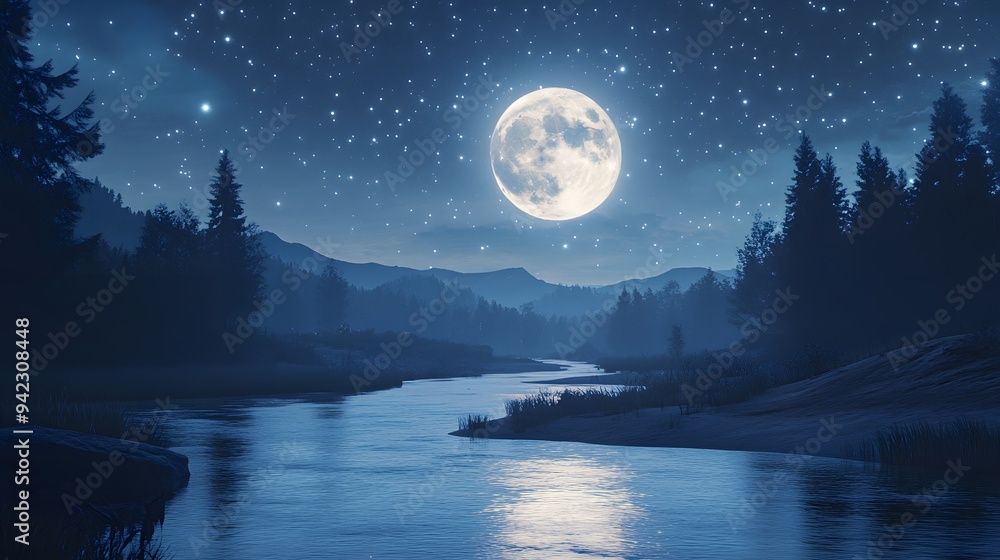 Peaceful River Scene at Night: Bright Full Moon, Starry Sky, and Tree ...