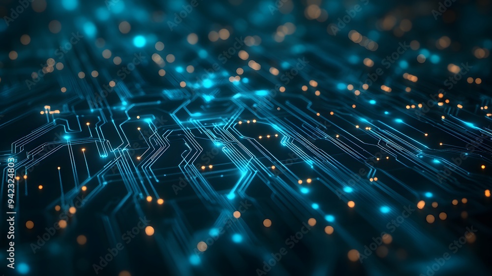 Futuristic Microchip on a High-Tech Blue Circuit Board, Representing Advanced Computing ...