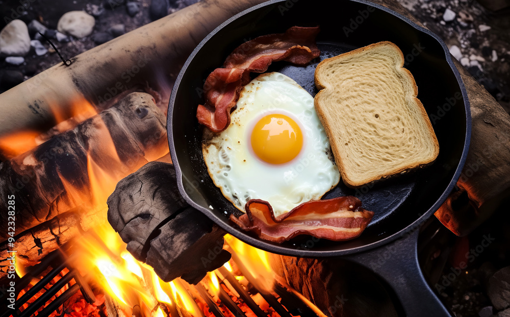 Campfire Cooking & Outdoor Breakfast. Cast Iron Breakfast Over a ...