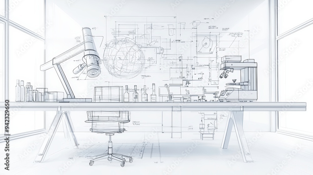 Hand drawn sketch of a modern office interior with desk chair and ...