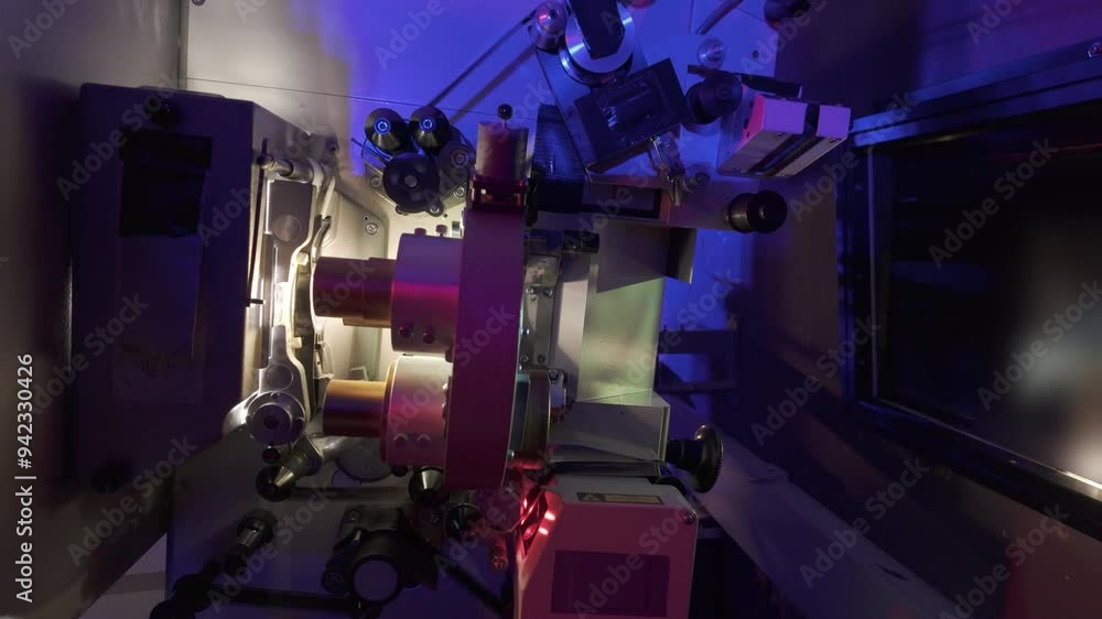 35mm Film running through a cinema projector in a movie theater during ...