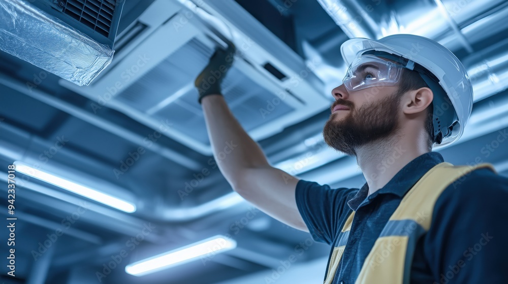 A professional electrician wearing a helmet and protective goggles ...