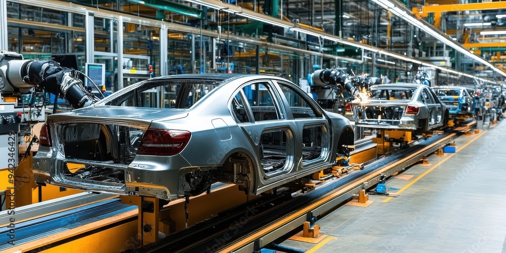 Assembly Line in Modern Car Manufacturing Factory with Robotic Arms and ...