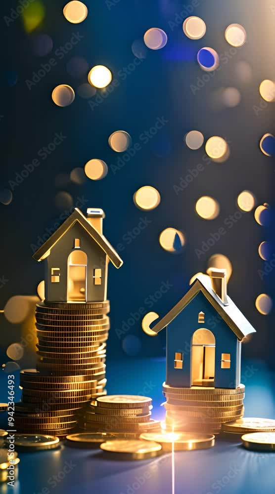 A real estate market graph with vibrant colors, two miniature houses on ...