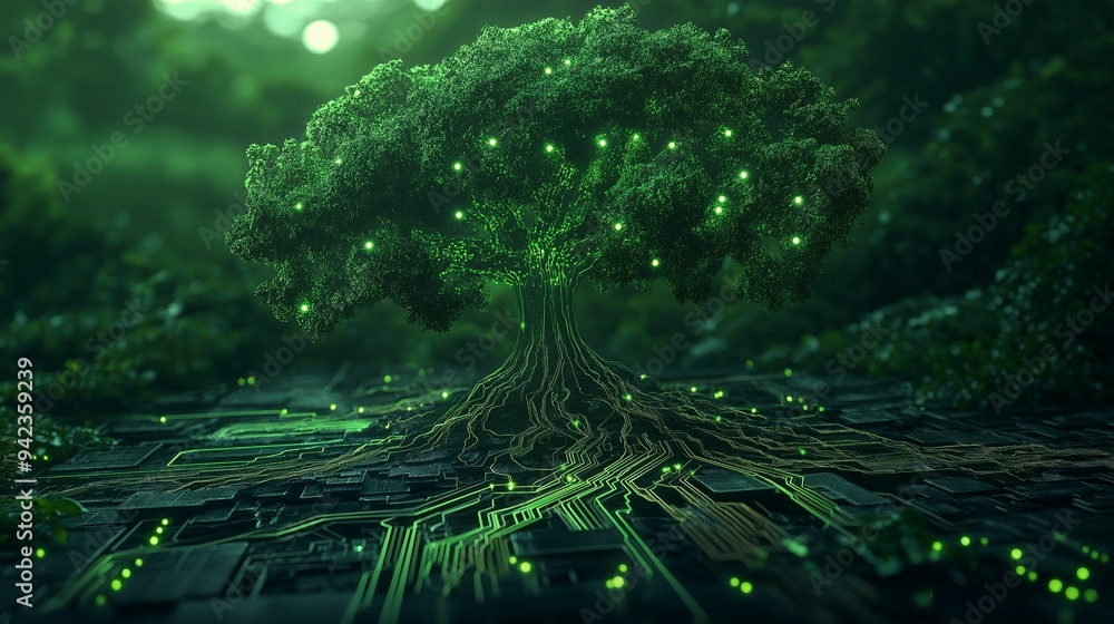 A glowing futuristic tree seamlessly merging nature and technology ...