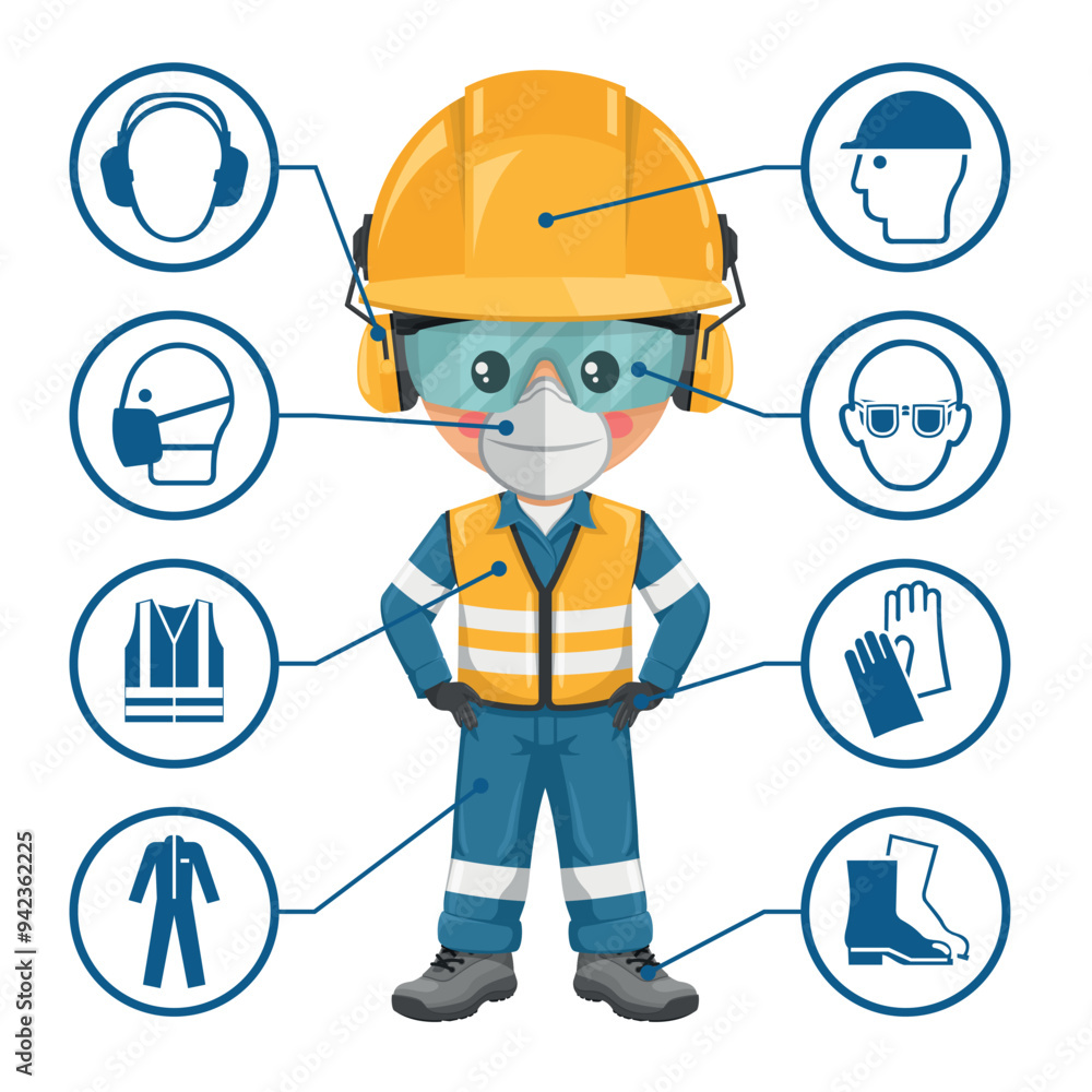 Engineer with personal protective equipment and icons, safety ...