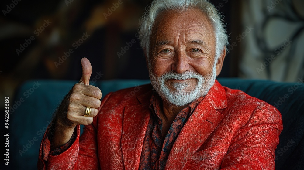 A distinguished elder in a classy red suit against a dark background ...