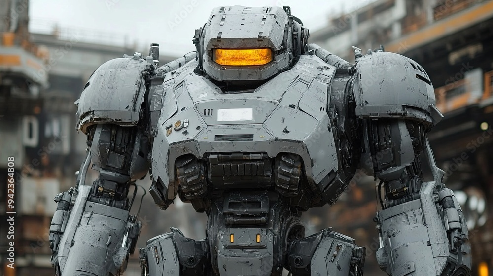 Displaying an imposing and formidable presence, a giant gray mechanical ...