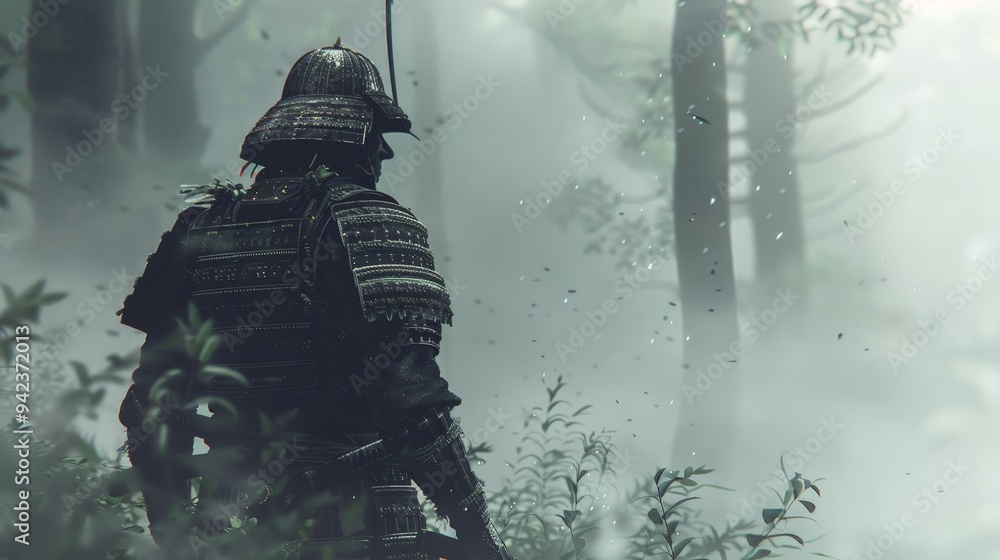 Render a 3D samurai in a foggy forest, with mist swirling around him ...