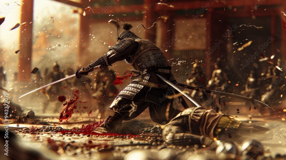 Render a 3D samurai in an epic battle scene, surrounded by fallen ...