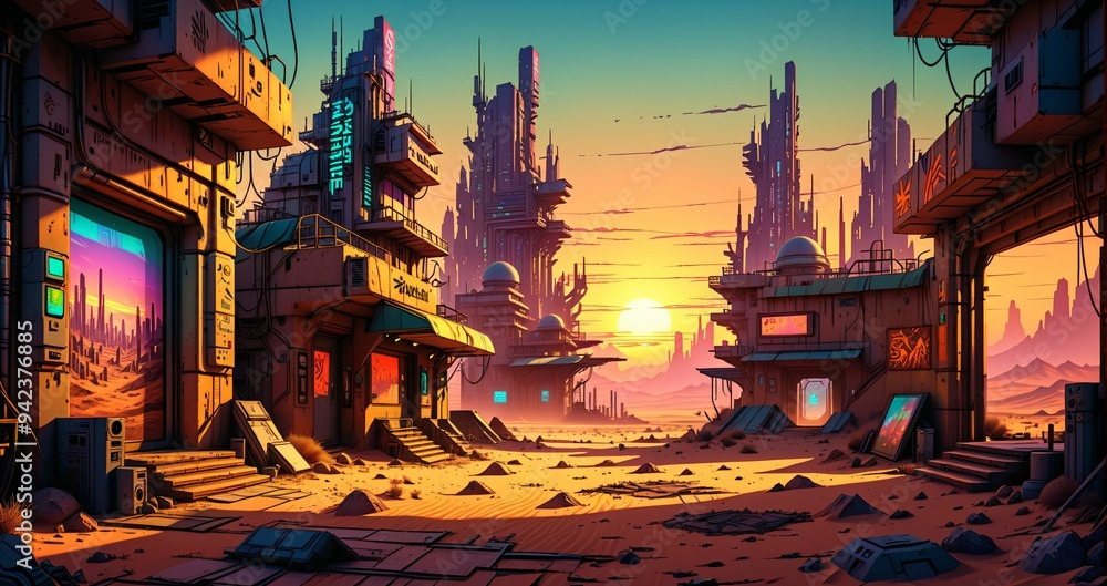 cyberpunk town city wasteland in the desert at sunset. futuristic ...