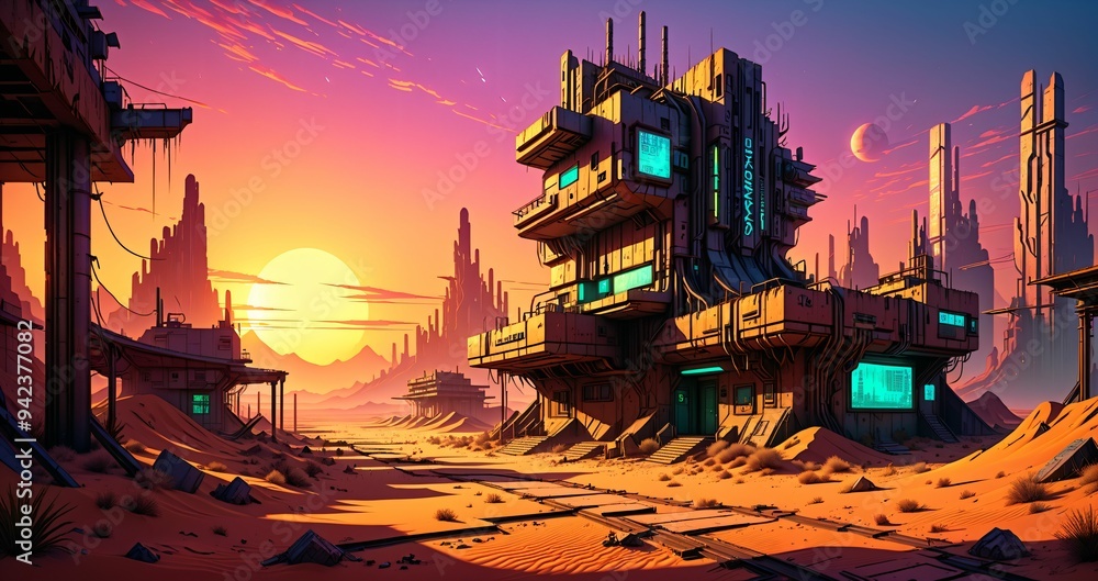 cyberpunk town city wasteland in the desert at sunset. futuristic ...
